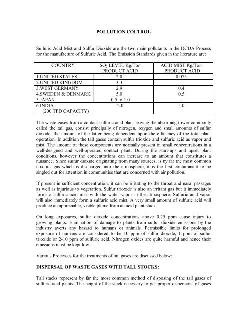 POLLUTION COLTROL Sulfuric Acid Mist and Sulfur Dioxide are the ...