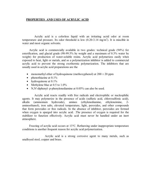 PROPERTIES AND USES OF ACRYLIC ACID Acrylic acid is a ...