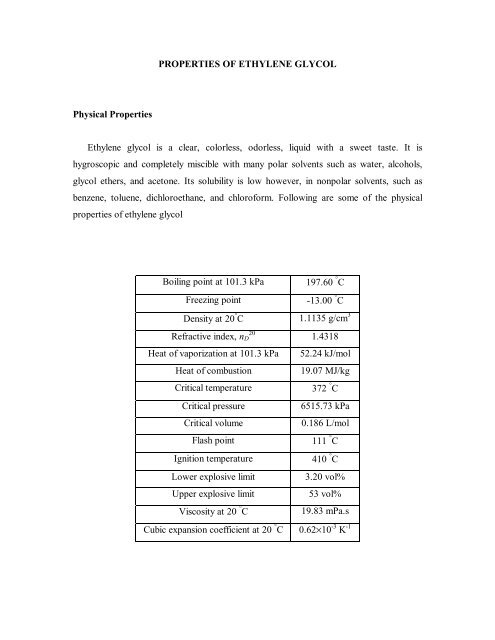 Properties Ethylene glycol