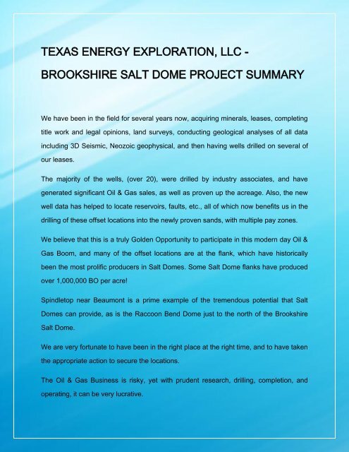 TEXAS ENERGY EXPLORATION, LLC - BROOKSHIRE SALT DOME PROJECT SUMMARY