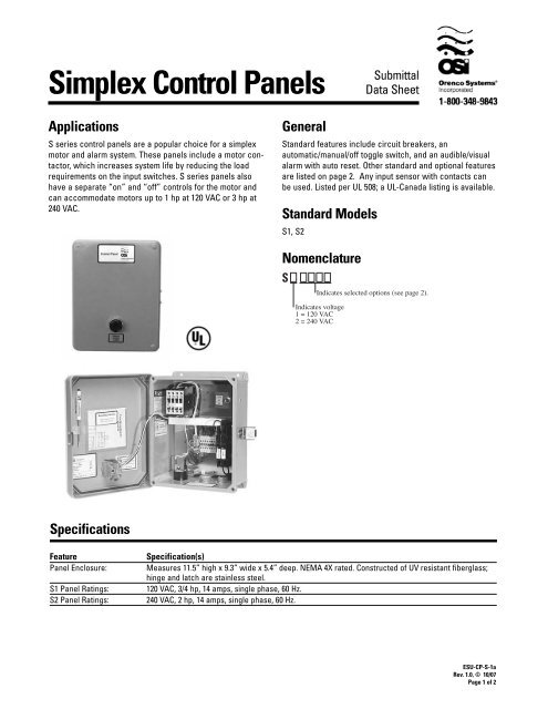 Simplex Control Panels Submittal - Orenco Controls