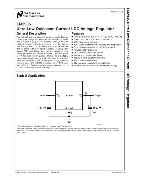 LM2936 Ultra-Low Quiescent Current LDO Voltage Regulator