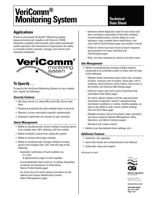 VeriComm Monitoring System Technical Data Sheet - Orenco Controls