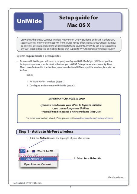 Setup guide for Mac OS X UniWide - UNSW IT