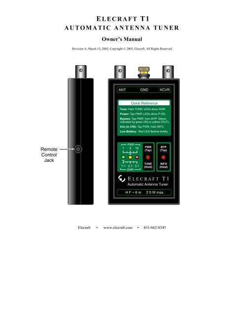 ELECRAFT T1 AUTOMATIC ANTENNA TUNER
