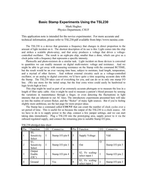 Basic Stamp Experiments Using the TSL230 - Iona Physics