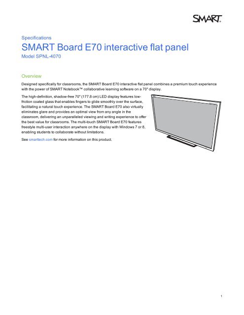 Specifications sheet SMART E70 interactive flat panel