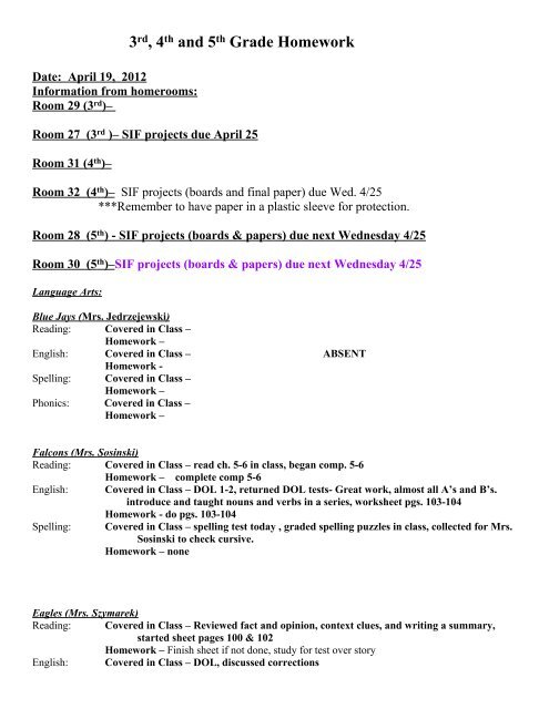 3rd, 4th and 5th Grade Homework - Holy Cross School