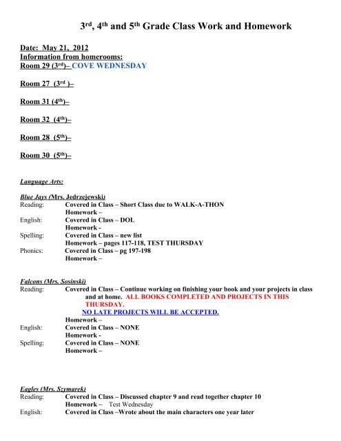 3rd, 4th and 5th Grade Class Work and Homework - Holy Cross ...