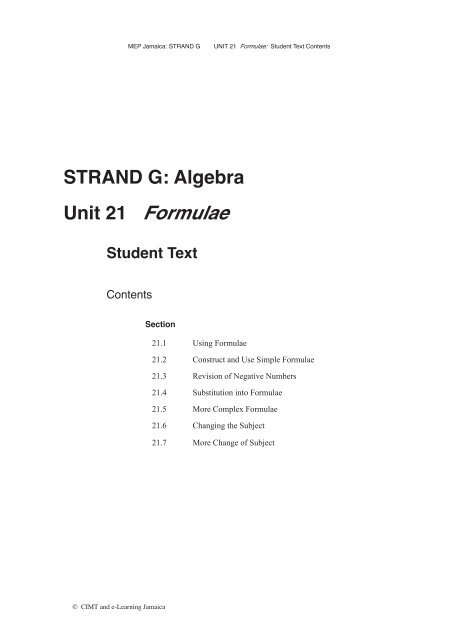 STRAND G: Algebra Unit 21 Formulae