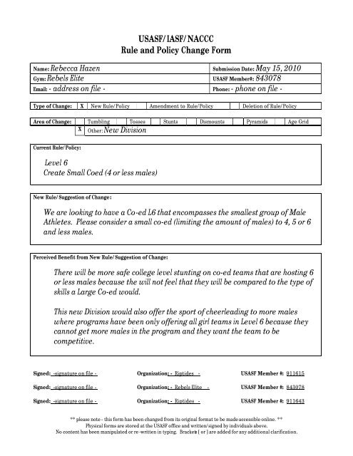 USASF/IASF/NACCC Rule and Policy Change Form