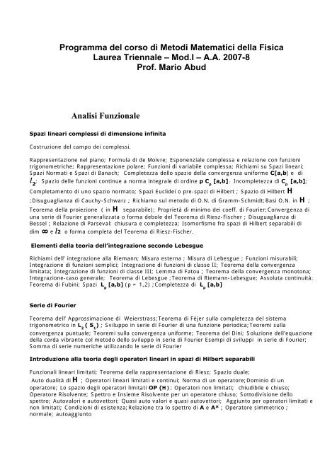 Programma del corso di Metodi Matematici della Fisica Laurea ...