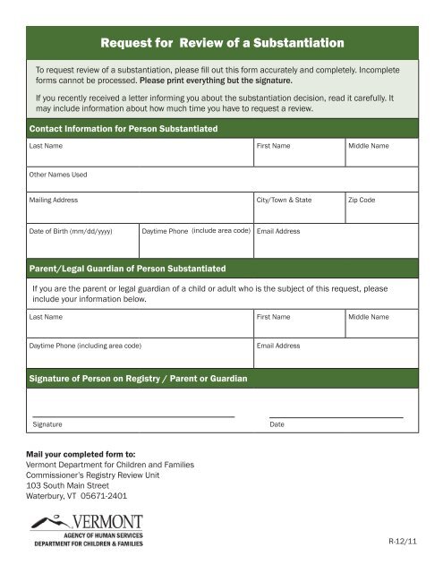 Child Protection Registry Form - Department for Children and Families