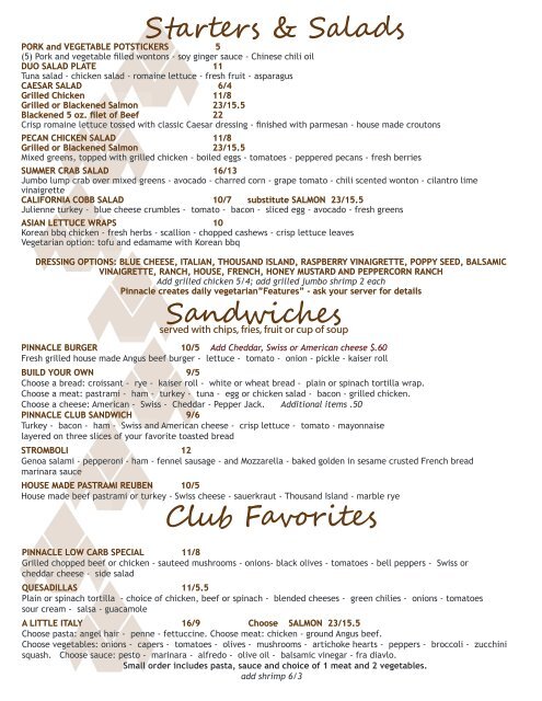 Starters & Salads Sandwiches Club Favorites - Pinnacle Country Club