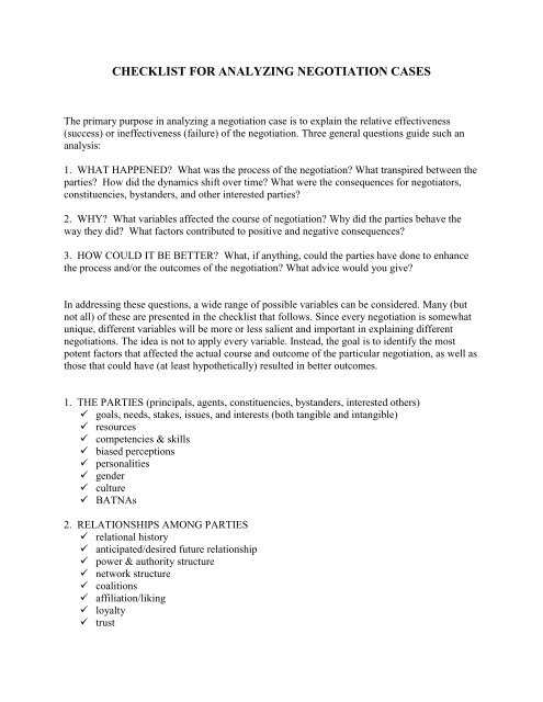 Negotiation Case Analysis Checklist