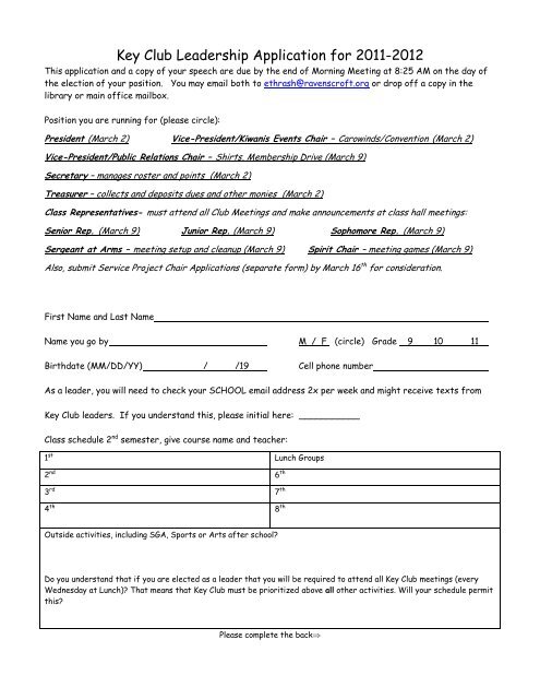 Key Club Information Sheet - Ravenscroft School WWW2 Server