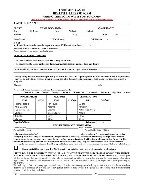 us sports camps health & release form *bring this form with you to ...