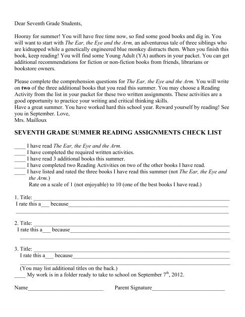 7th Grade Summer Reading Worksheets Rising Second Grade Summer Reading