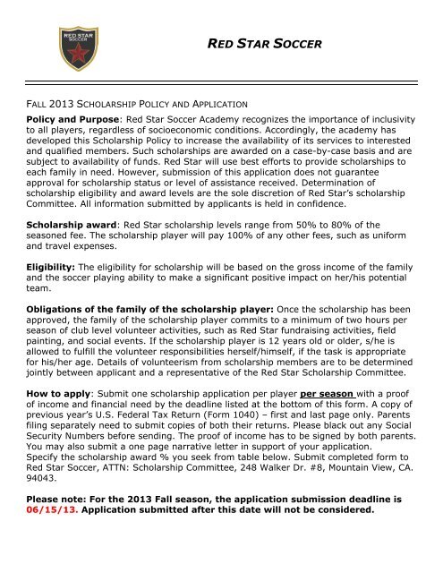 Click here for a scholarship application - Red Star Soccer Academy