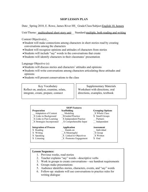 Lesson Plan Multicultural Short Story Unit Rowe ACT ESL