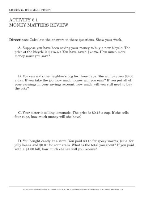Student Activities for Lesson 6 - Mathematics & Economics
