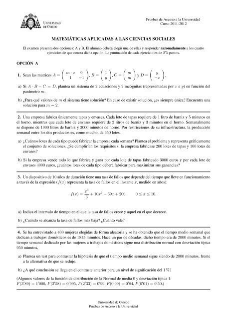Matem ´aticas Aplicadas A Las Ciencias Sociales Selectividad 2013