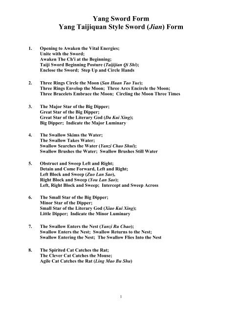 Yang Taijii Sword Form, List of Movements - Green Way Research