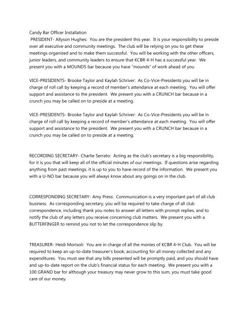 Candy Bar Officer Installation PRESIDENT- Allyson Hughes: You ...