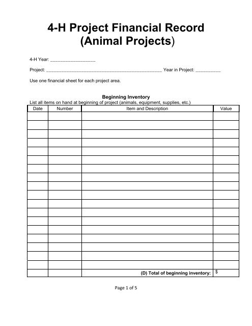 4-H Project Financial Record