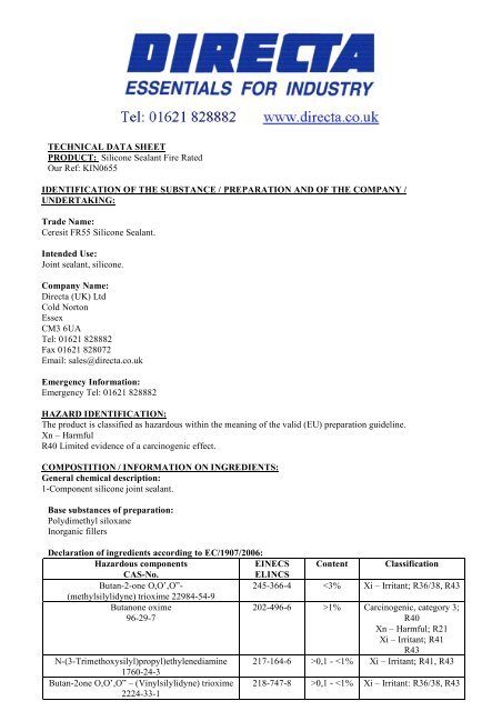 TECHNICAL DATA SHEET PRODUCT: Silicone ... - Directa UK Ltd