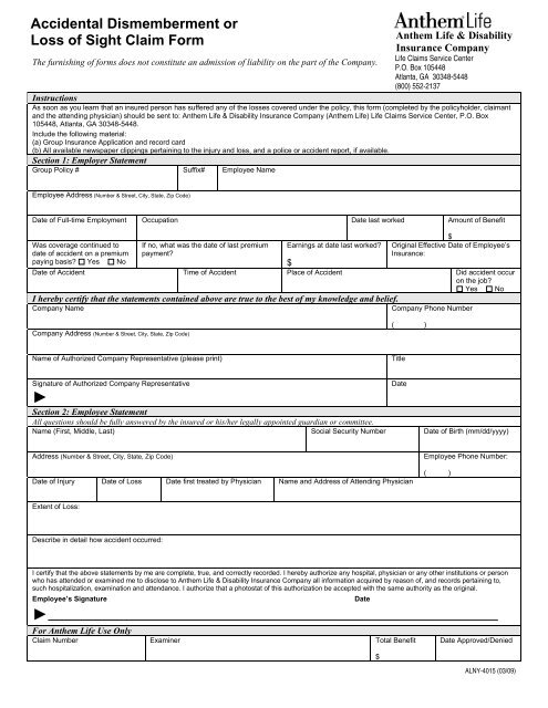 Accidental Dismemberment or Loss of Sight Claim Form