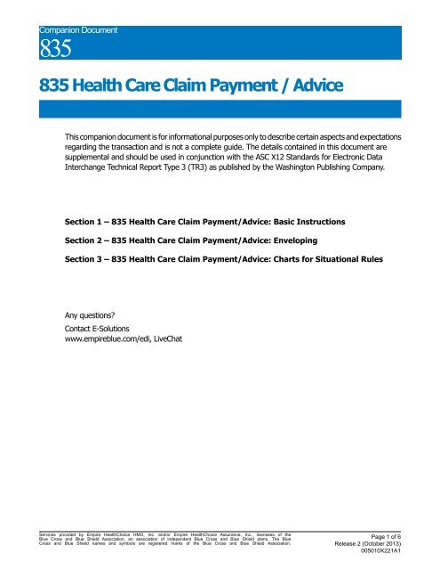 835 Health Care Claim Payment / Advice - Empire Blue Cross Blue ...