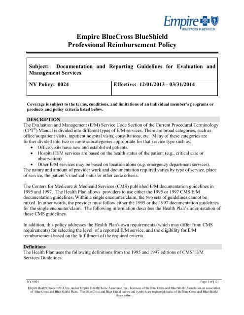 Empire BlueCross BlueShield Professional Reimbursement Policy