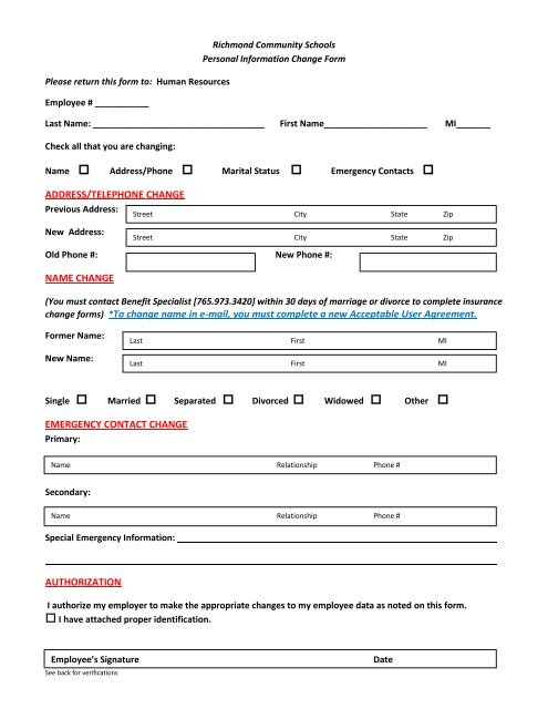 Personal Information Change Form - Richmond Community Schools