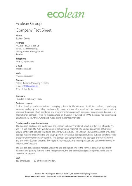 Company Fact sheet - Ecolean