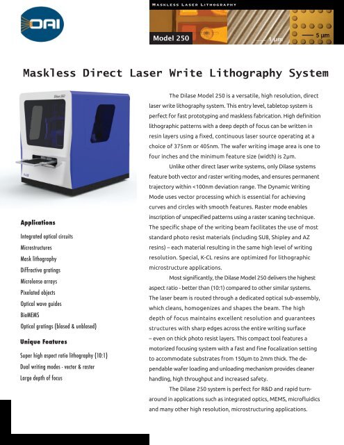 Maskless Direct Laser Write Lithography System - OAI