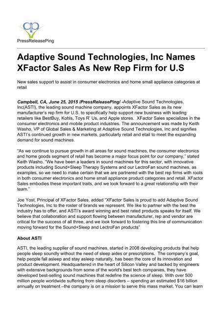 Adaptive Sound Technologies, Inc Names XFactor Sales As New Rep Firm ...