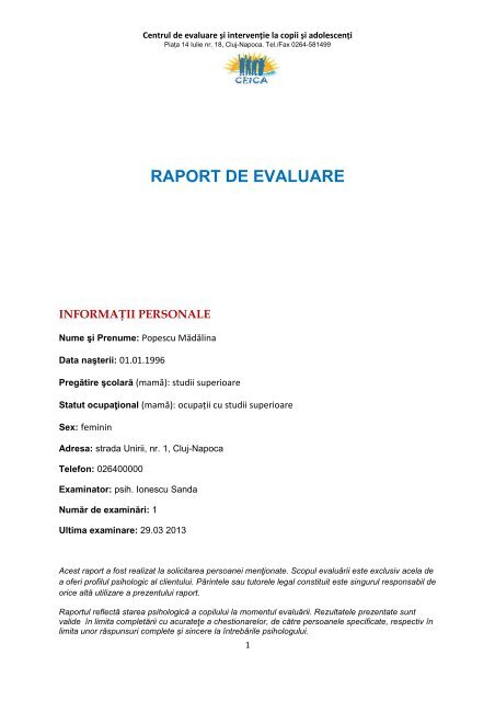 model RAPORT DE EVALUARE pentru Autocunoastere - CEICA