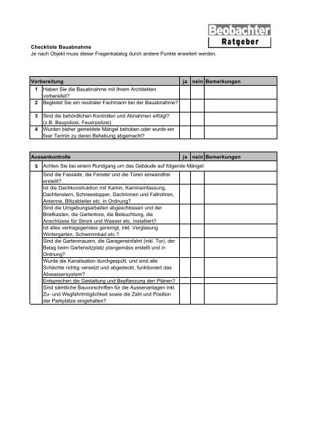 Checkliste Bauabnahme