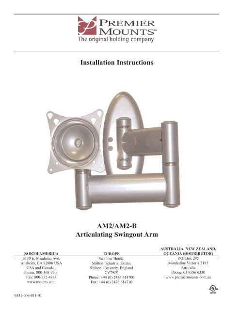 AM2/AM2-B Articulating Swingout Arm Installation Instructions