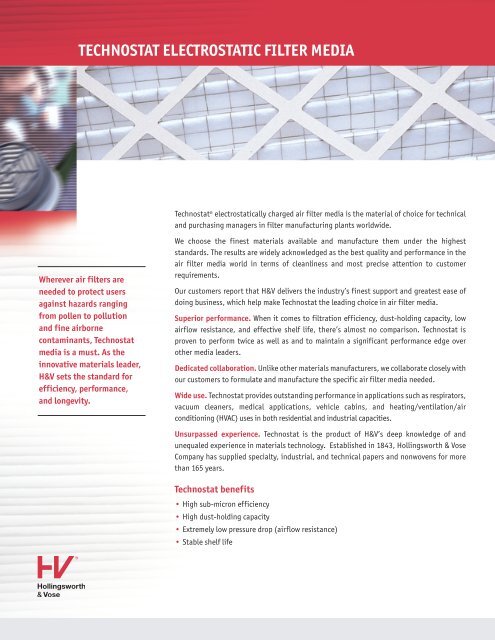 Technostat Electrostatic Filter Media - Hollingsworth & Vose