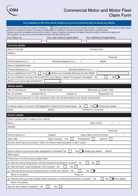 CGU Motor Fleet Claim Form - AIS Insurance Brokers