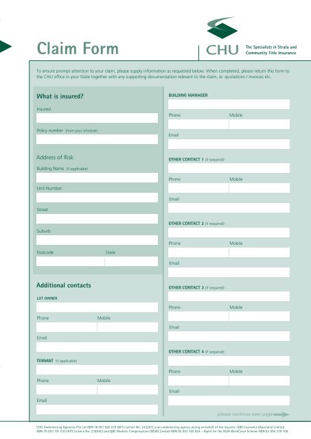 CHU General Claim Form - Whitbread Insurance Brokers