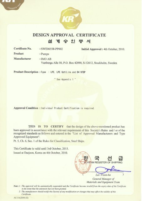 DESIGN APPROVAL CERTIFICATE - IMO