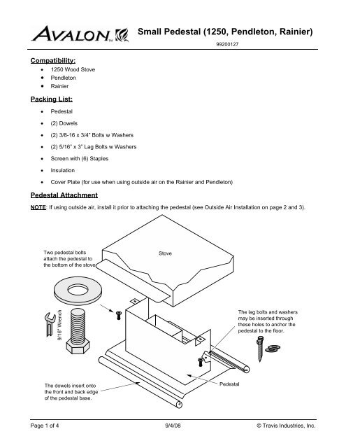 Instructions - Avalon Small Pedestal (1250, Pendleton, Rainier)