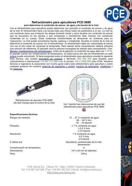 Refractómetro para apicultores PCE-5890 - PCE Ibérica