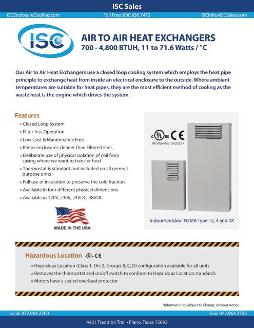 AIR TO AIR HEAT EXCHANGERS - ISC Enclosure Cooling
