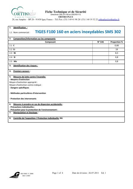 MSDS tiges F100 160 27-07-11 f - Orthoplus