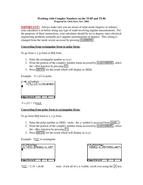 Working with Complex Numbers on the TI-85 and TI-86 ... - raise