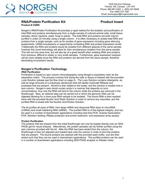 RNA/Protein Purification Kit Product Insert - Norgen Biotek Corp.